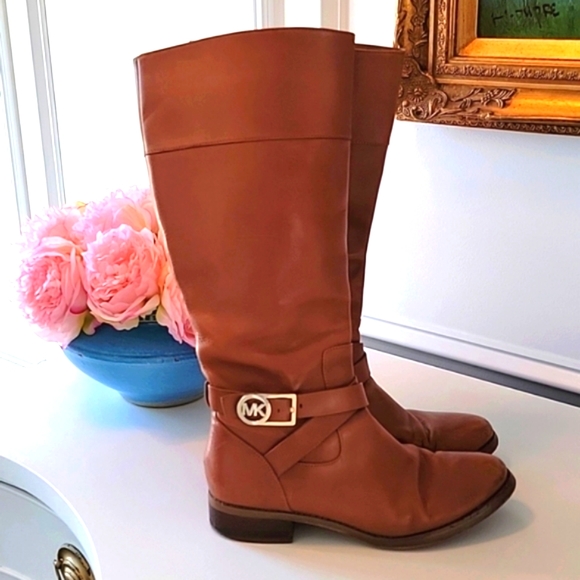 Michael Kors | Shoes | Michael Kors Tan Leather Boots With Gold Logo ...